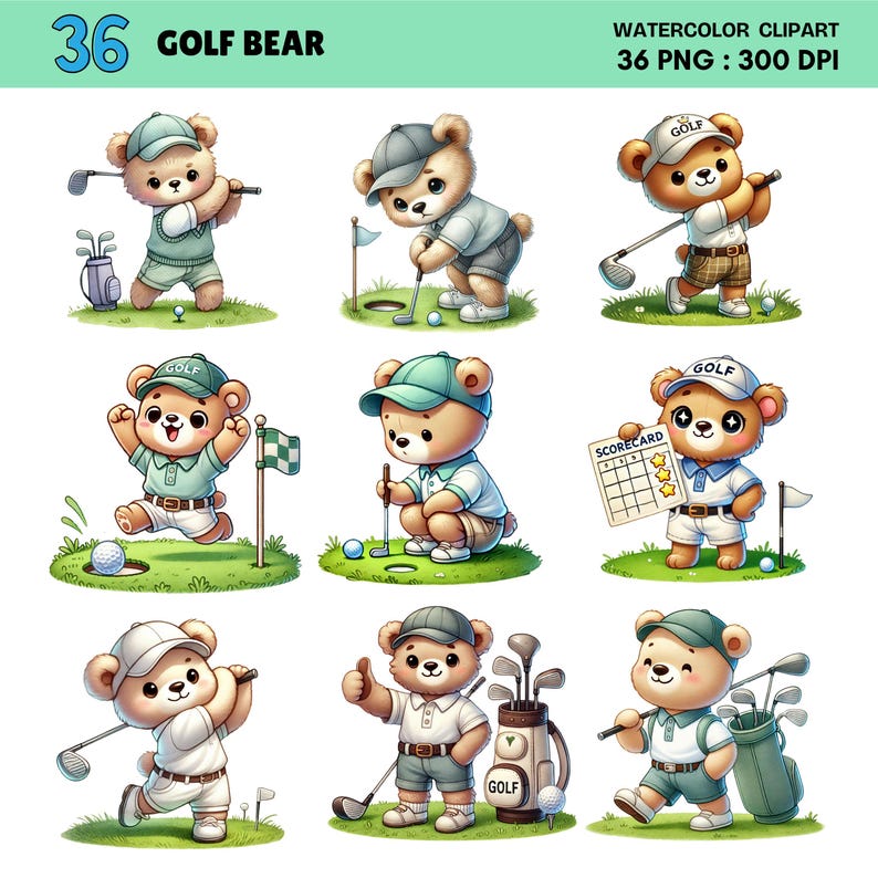 Golf Bear Watercolor Clipart Set – 36 Adorable Golfing Bear Pngs With ...