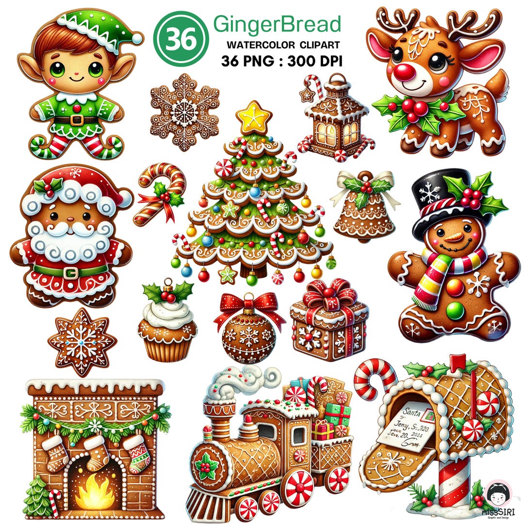 Gingerbread Christmas Clipart Bundle | 36 Festive Watercolor Pngs of ...