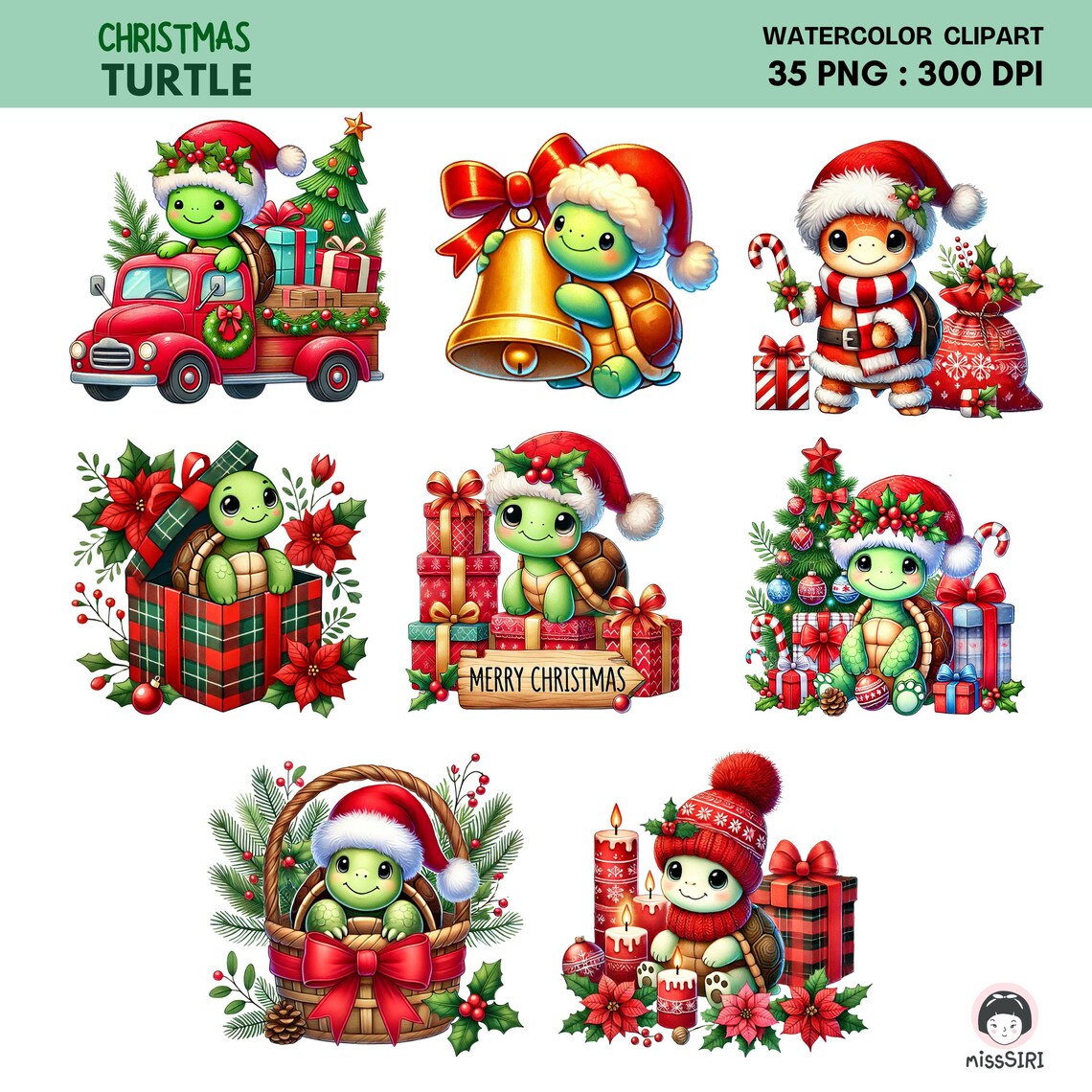 Christmas Turtle Watercolor Clipart Set | 35 PNG Cute Holiday Turtles ...