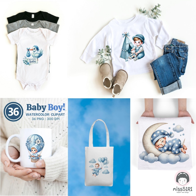 Baby Boy Watercolor Clipart Set - 36 PNG Baby Shower Graphics - Blue ...