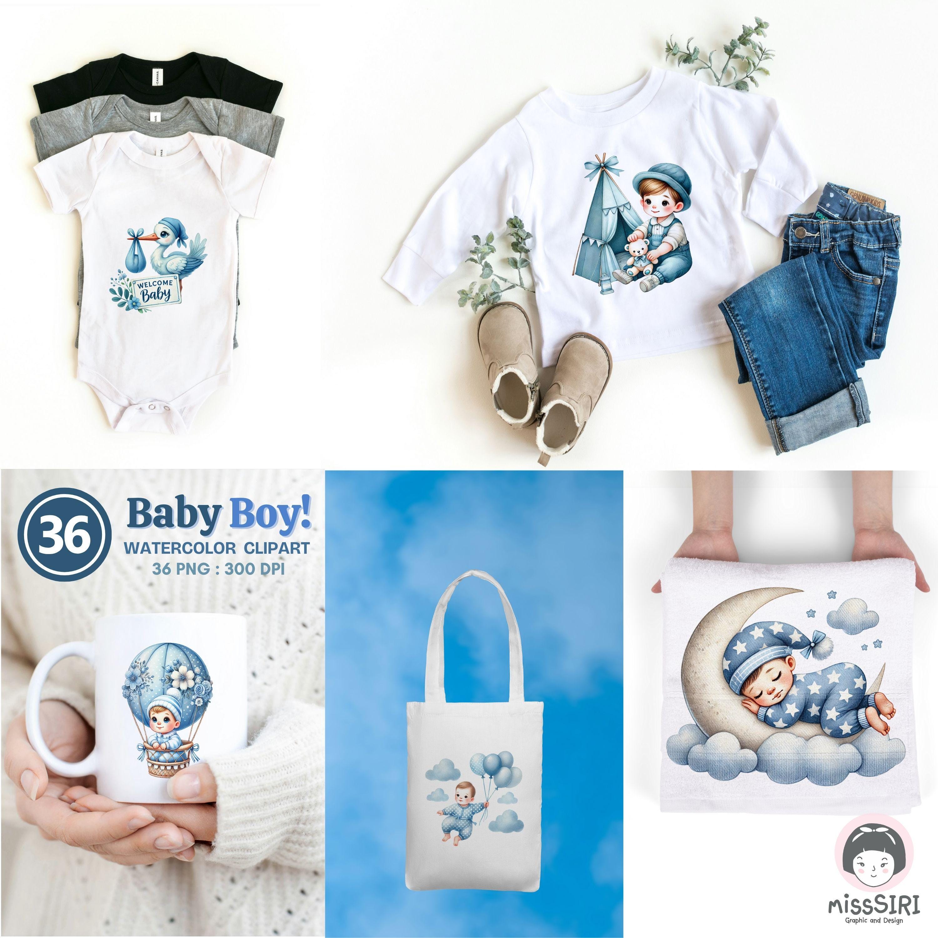 Baby Boy Watercolor Clipart Set - 36 PNG Baby Shower Graphics - Blue ...