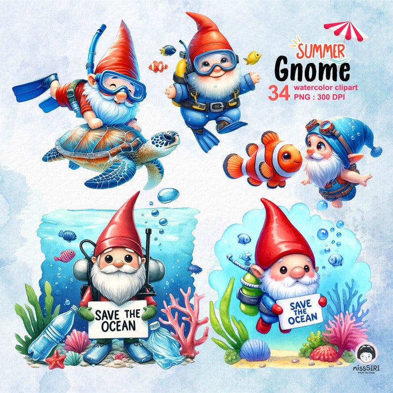 Summer Fun Gnome - Whimsical Watercolor Clipart - Etsy