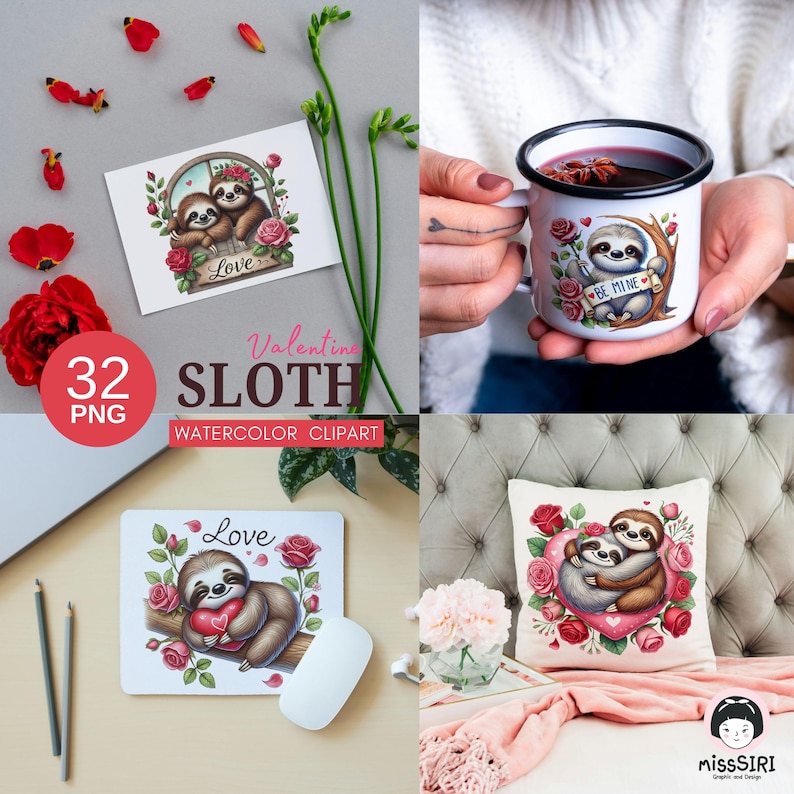 Valentine Sloth Clipart Bundle, 32 Watercolor PNG Files, Adorable ...