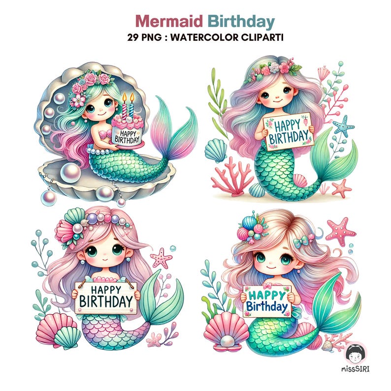 Mermaid Birthday Clipart Set | 29 Watercolor Pngs of Cute Mermaids ...