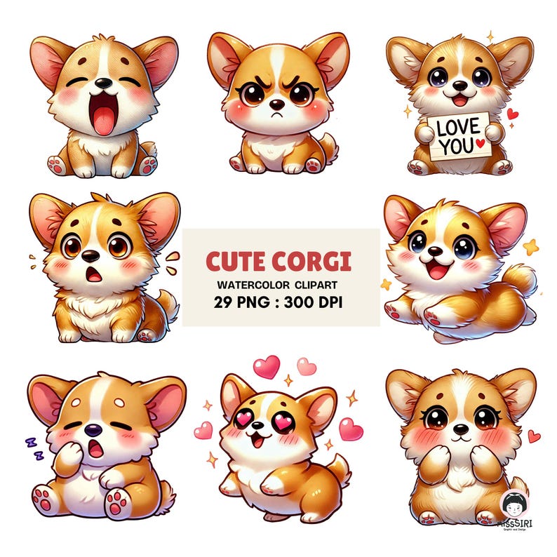 Cute Corgi Clipart Set | 29 Watercolor Pngs of Kawaii Dog Expressions ...