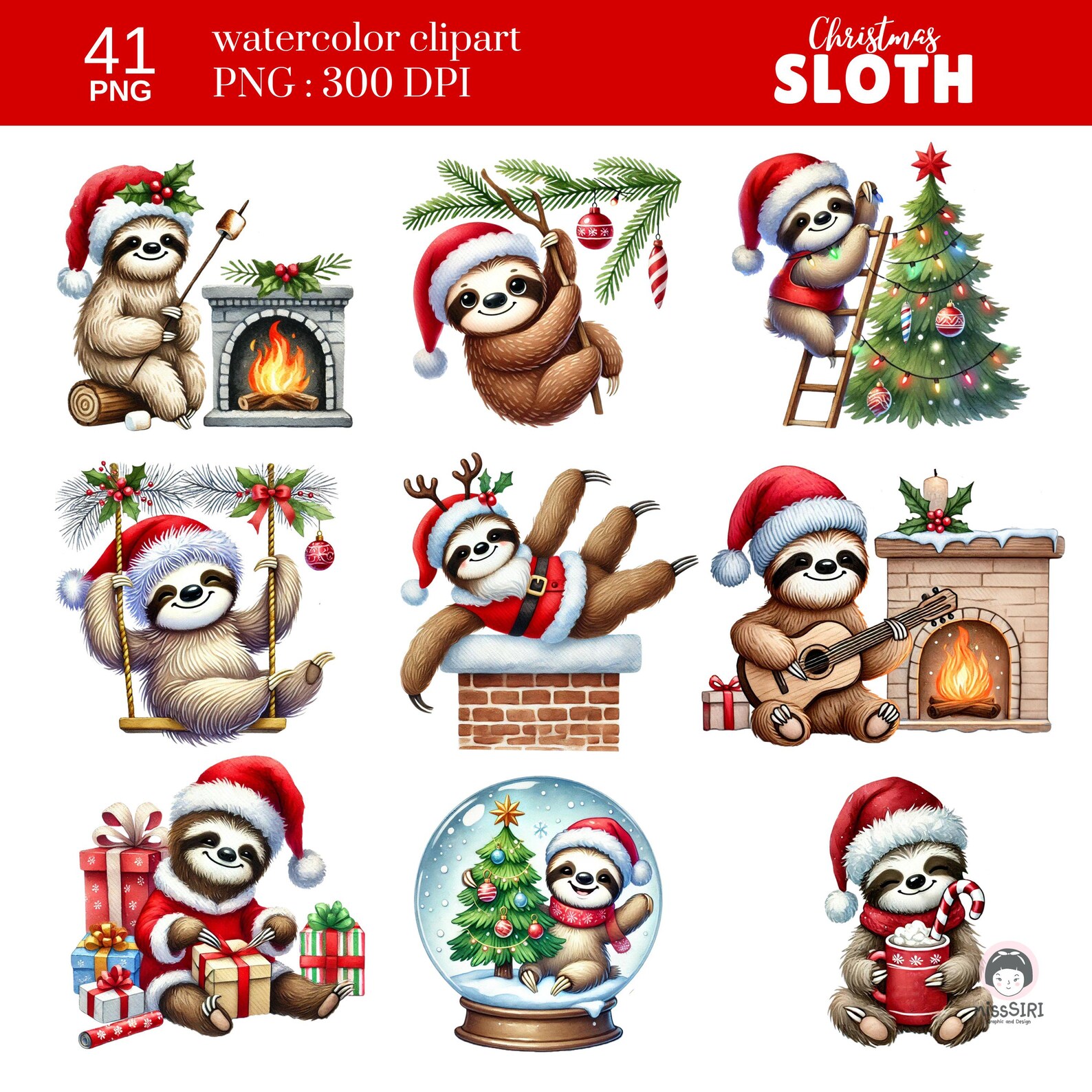 Christmas Sloth Clipart Bundle, Watercolor Sloth PNG, Cute Holiday ...