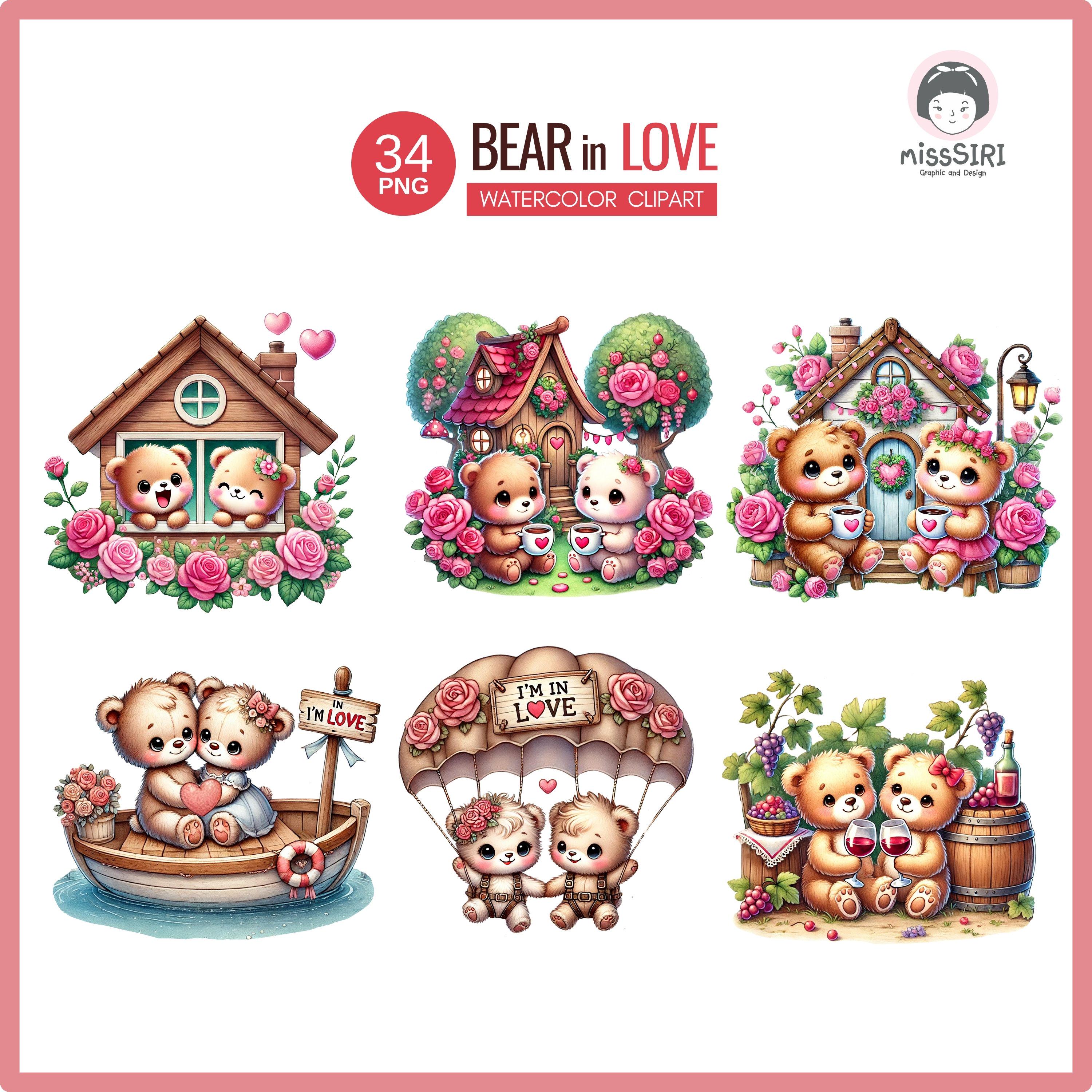 Bear in Love Watercolor Clipart Set - 34 Romantic Valentine’s Day Pngs ...