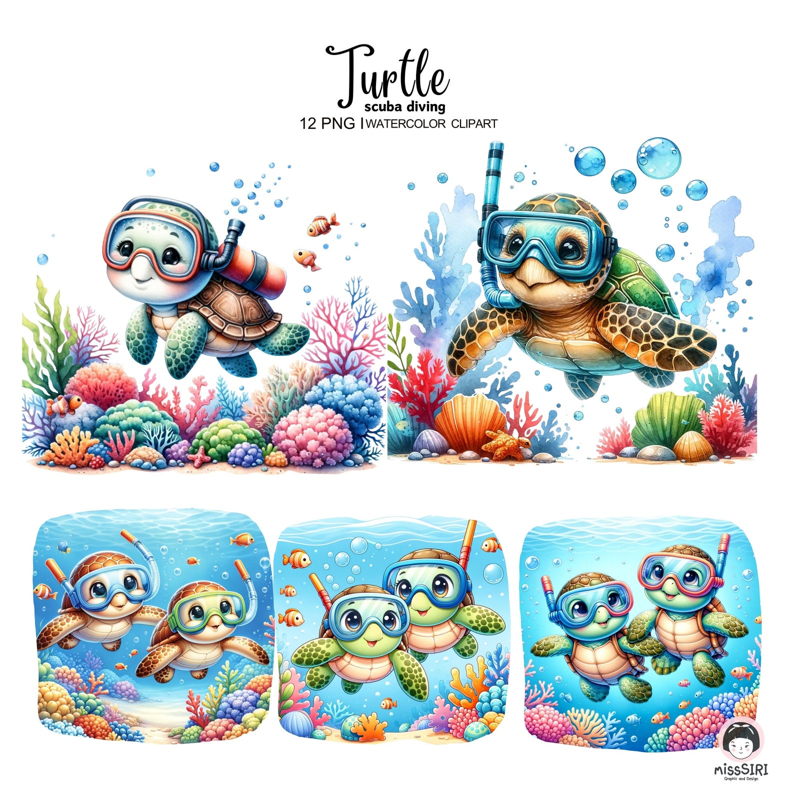 Adorable Scuba Diving Turtle Watercolor Clipart - Etsy