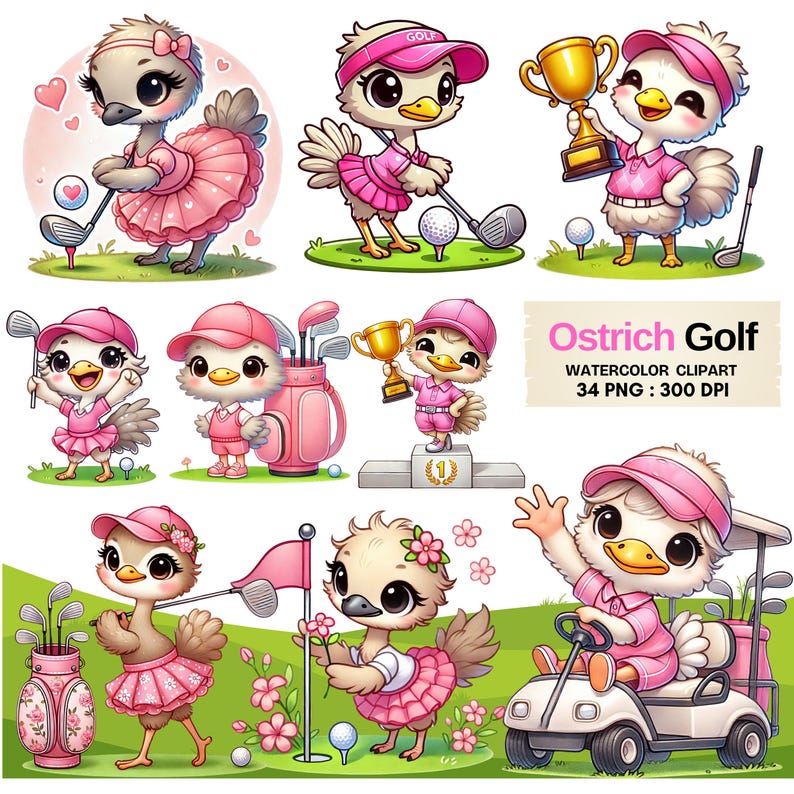 Ostrich Golf Watercolor Clipart Bundle – 34 Cute Pngs of Cartoon ...