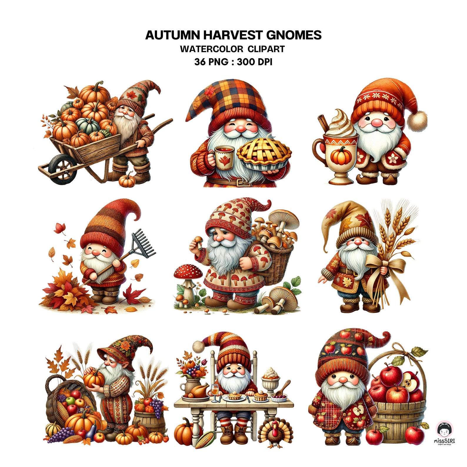 Autumn Harvest Gnomes Clipart Set | 36 Watercolor Pngs With Pumpkins ...