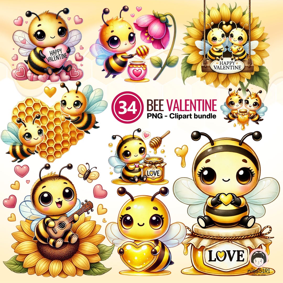 Bee Valentine Clipart Bundle, Cute Bee Love PNG, Honeycomb Heart ...