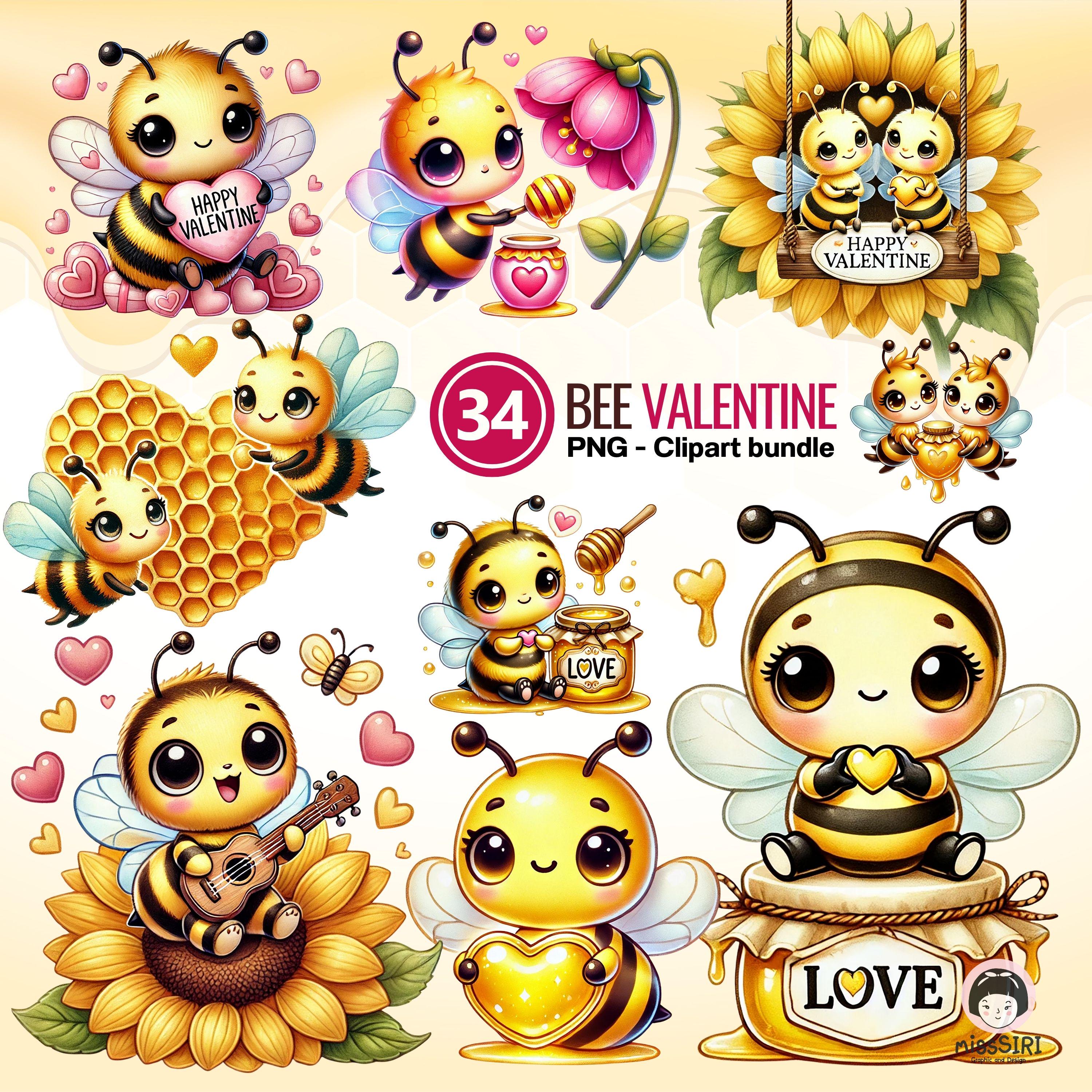 Bee Valentine Clipart Bundle, Cute Bee Love PNG, Honeycomb Heart ...