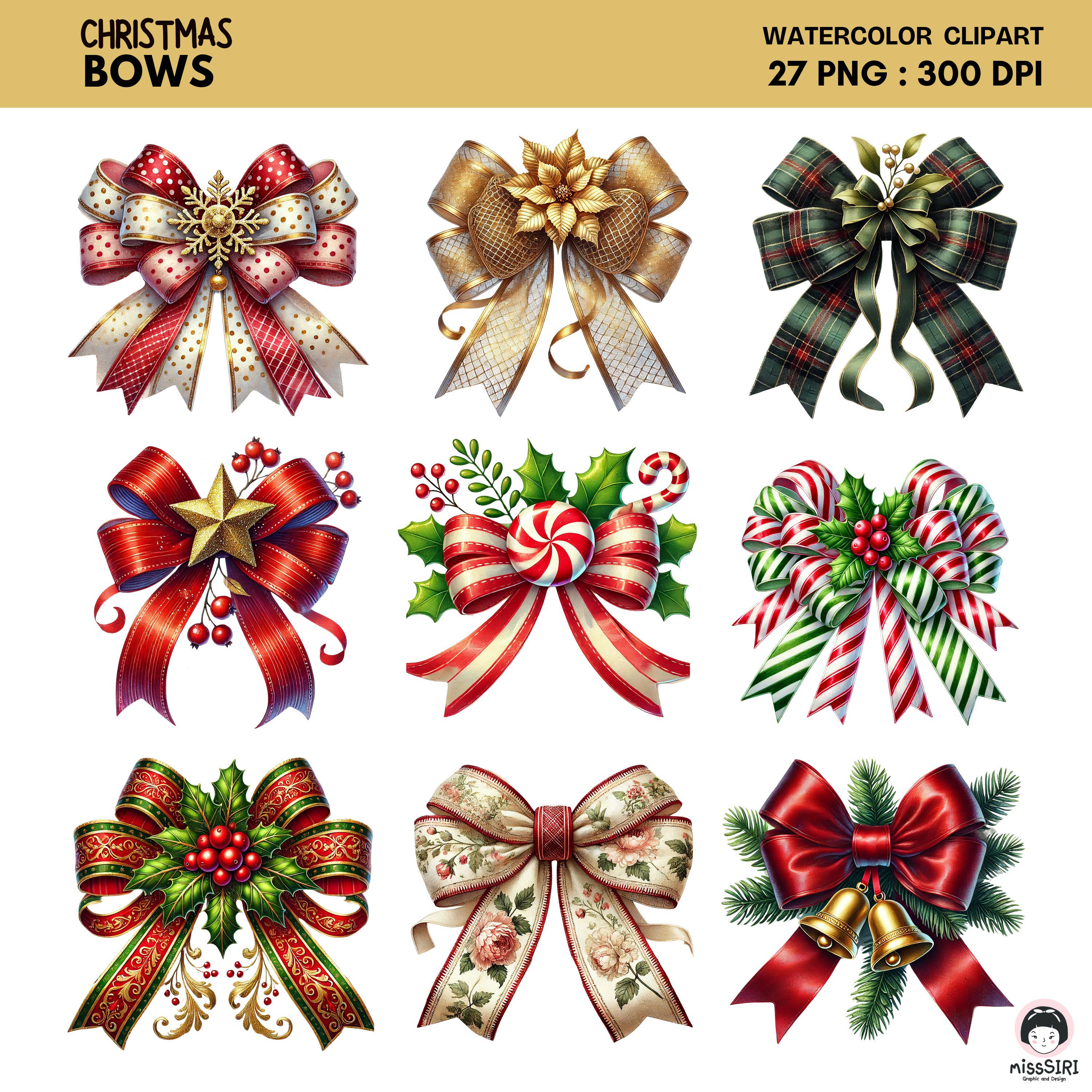 Christmas Bow Clipart Set | 27 Festive Watercolor Pngs With Candy Canes ...
