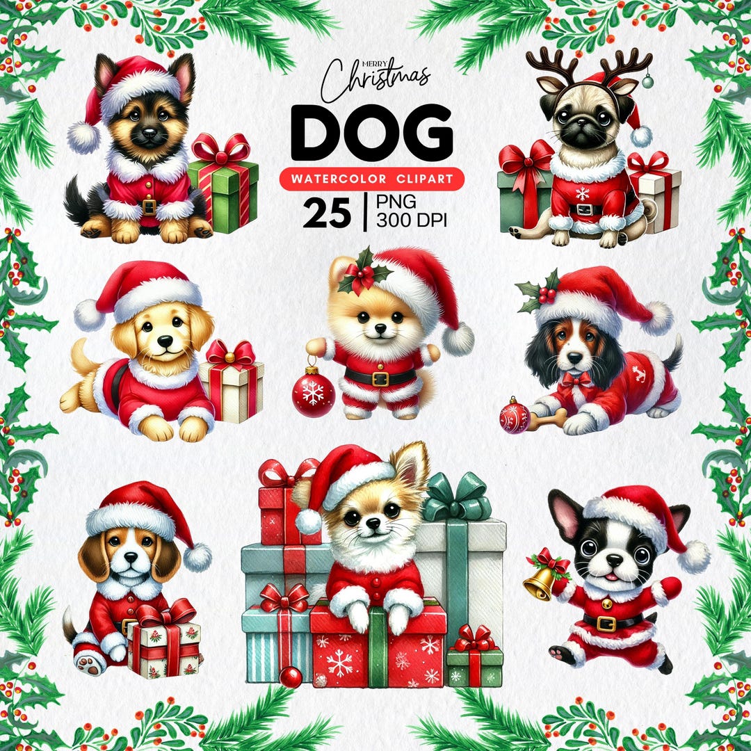 Christmas Dog Clipart Bundle, 25 Watercolor Dog PNG - Etsy