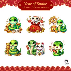 Year of the Snake Clipart Bundle - 25 PNG Kawaii Snake Illustrations ...