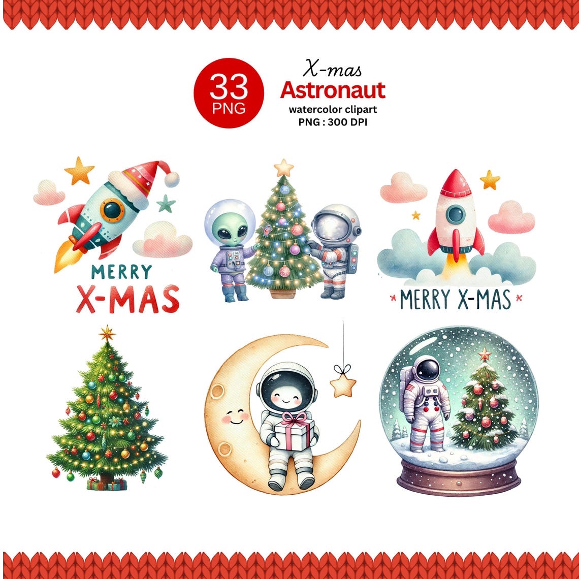 Christmas Astronaut Watercolor Clipart Bundle, Space Xmas PNG Set, Cute ...