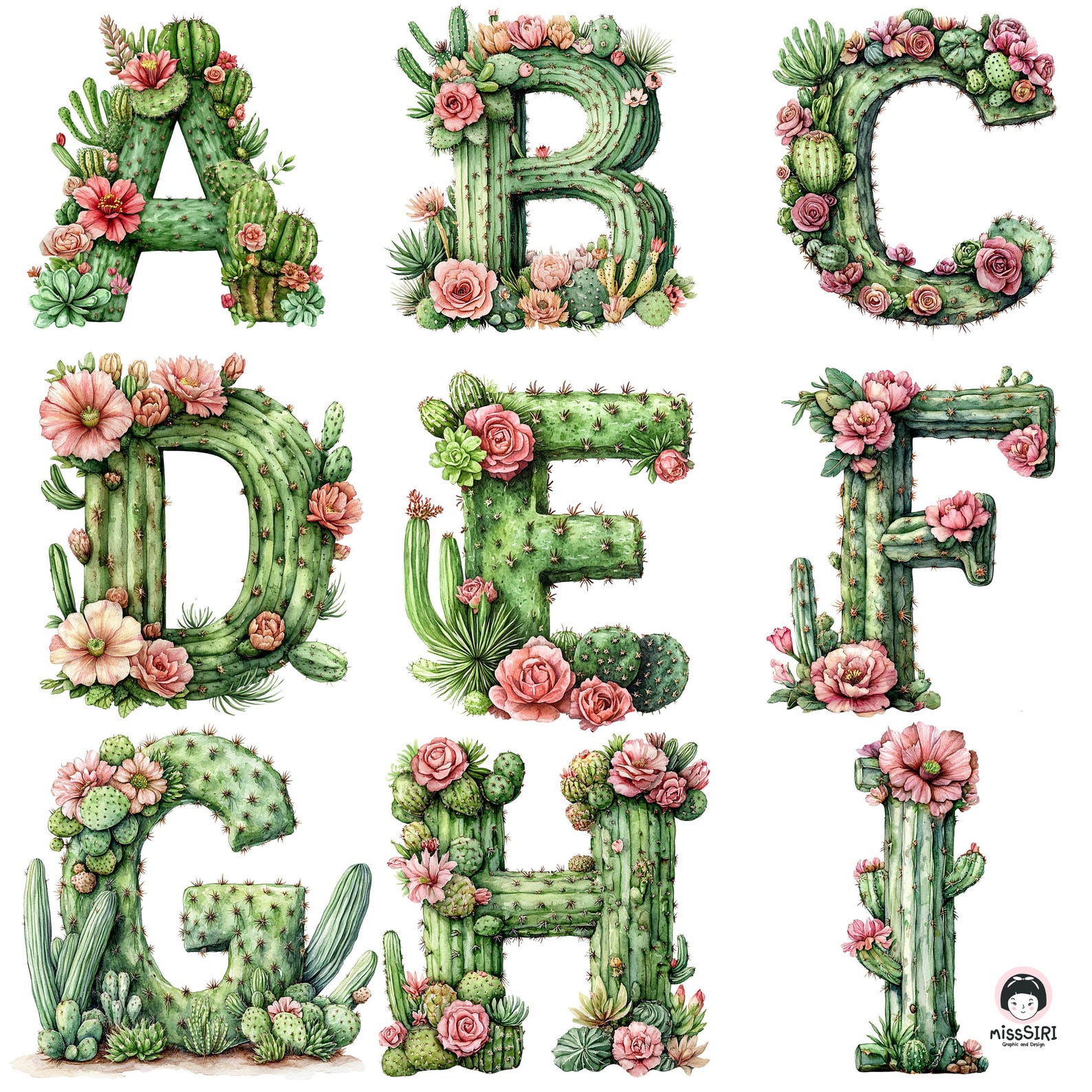Cactus Alphabet Watercolor Clipart – 39 PNG Floral Cactus Letters ...