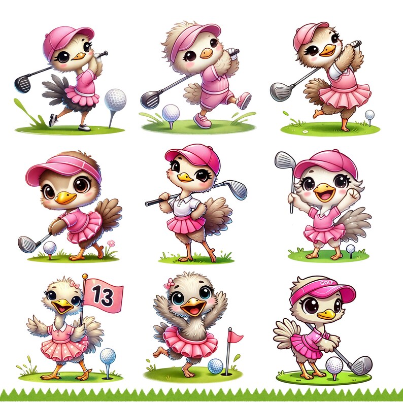 Ostrich Golf Watercolor Clipart Bundle – 34 Cute Pngs of Cartoon ...