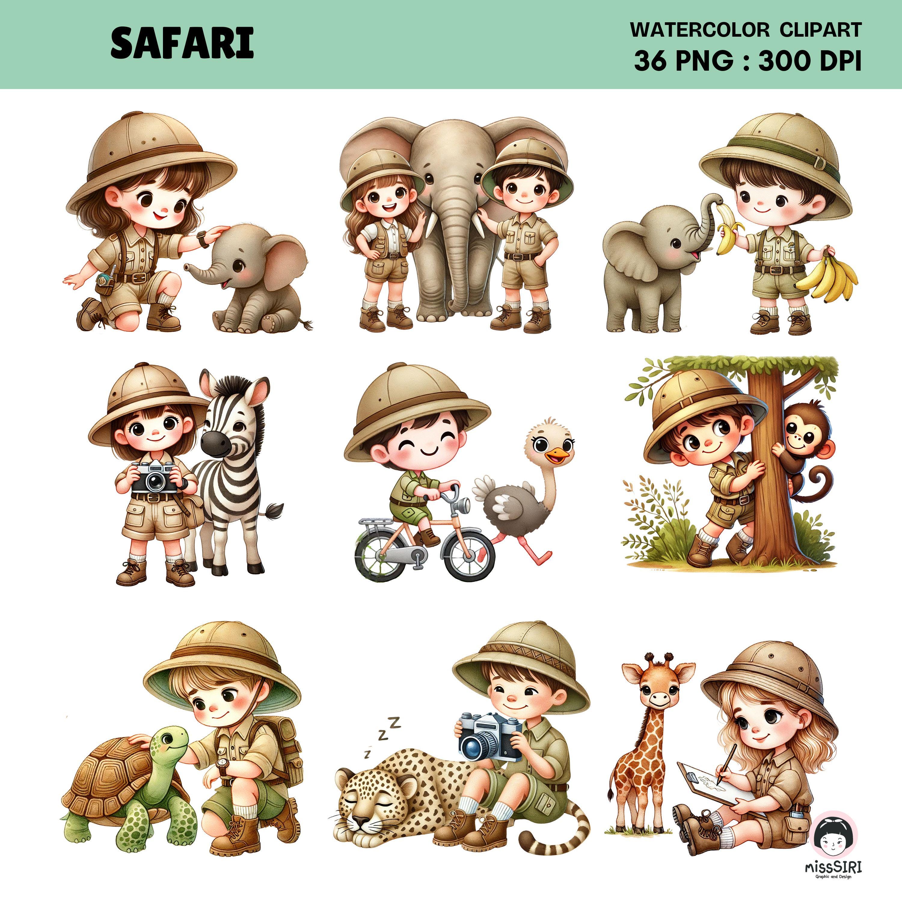 Safari Adventure Clipart Set | 36 Watercolor Pngs of Kids in Explorer ...