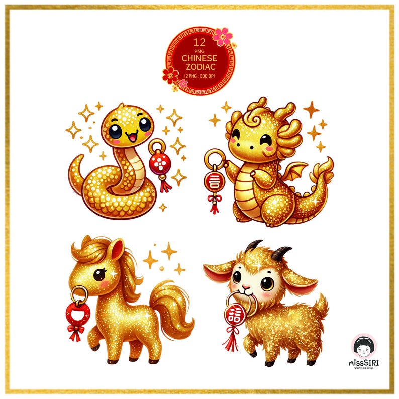 Cute Chinese Zodiac Animals Clipart Set, 12 PNG Glitter Zodiac Signs ...