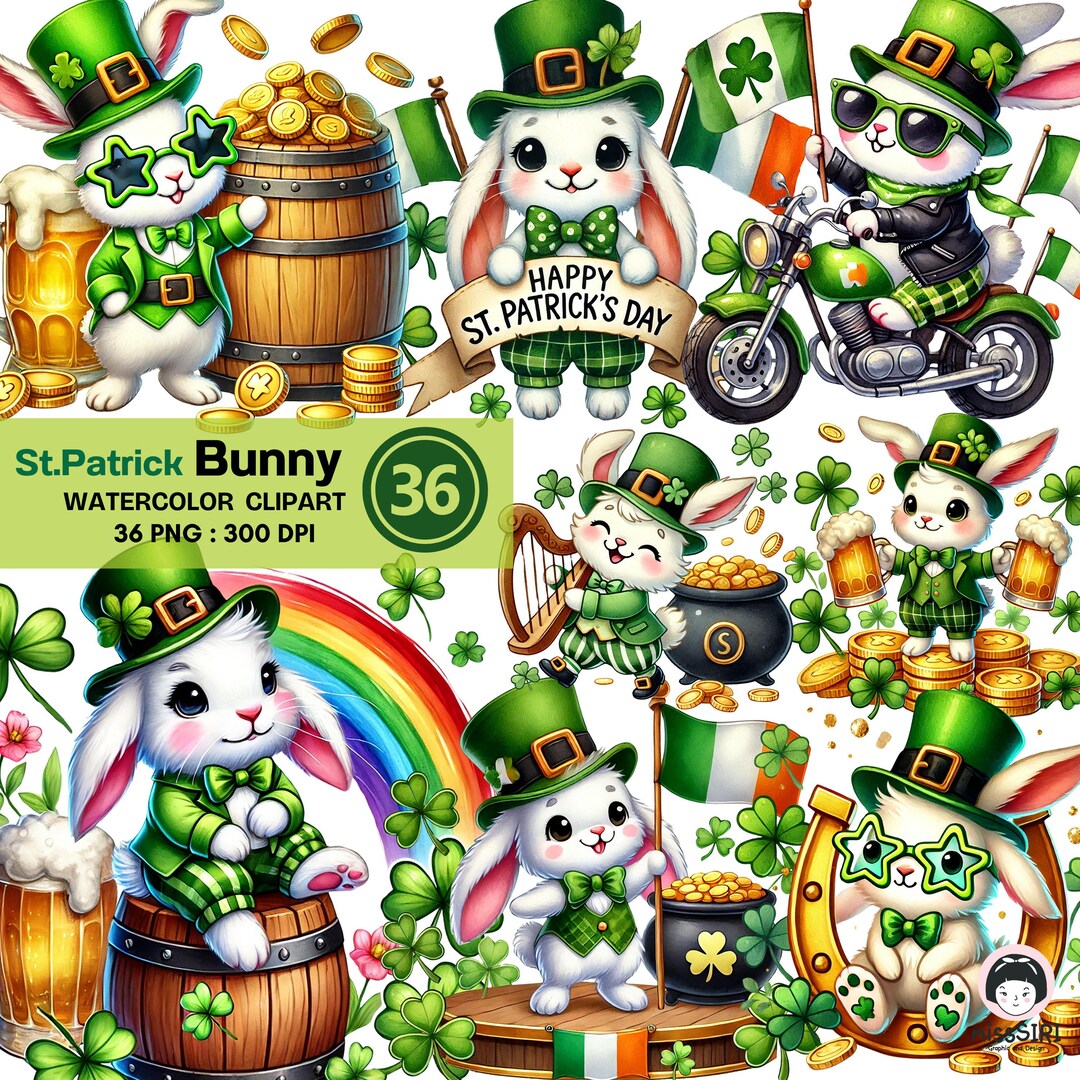 St. Patrick's Day Bunny Watercolor Clipart – 36 PNG Adorable Rabbits ...