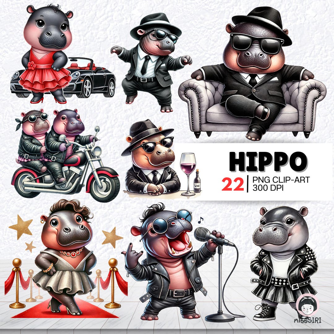Hippo Clipart Bundle, 22 PNG Hippo Images, Hipster Hippo Characters ...