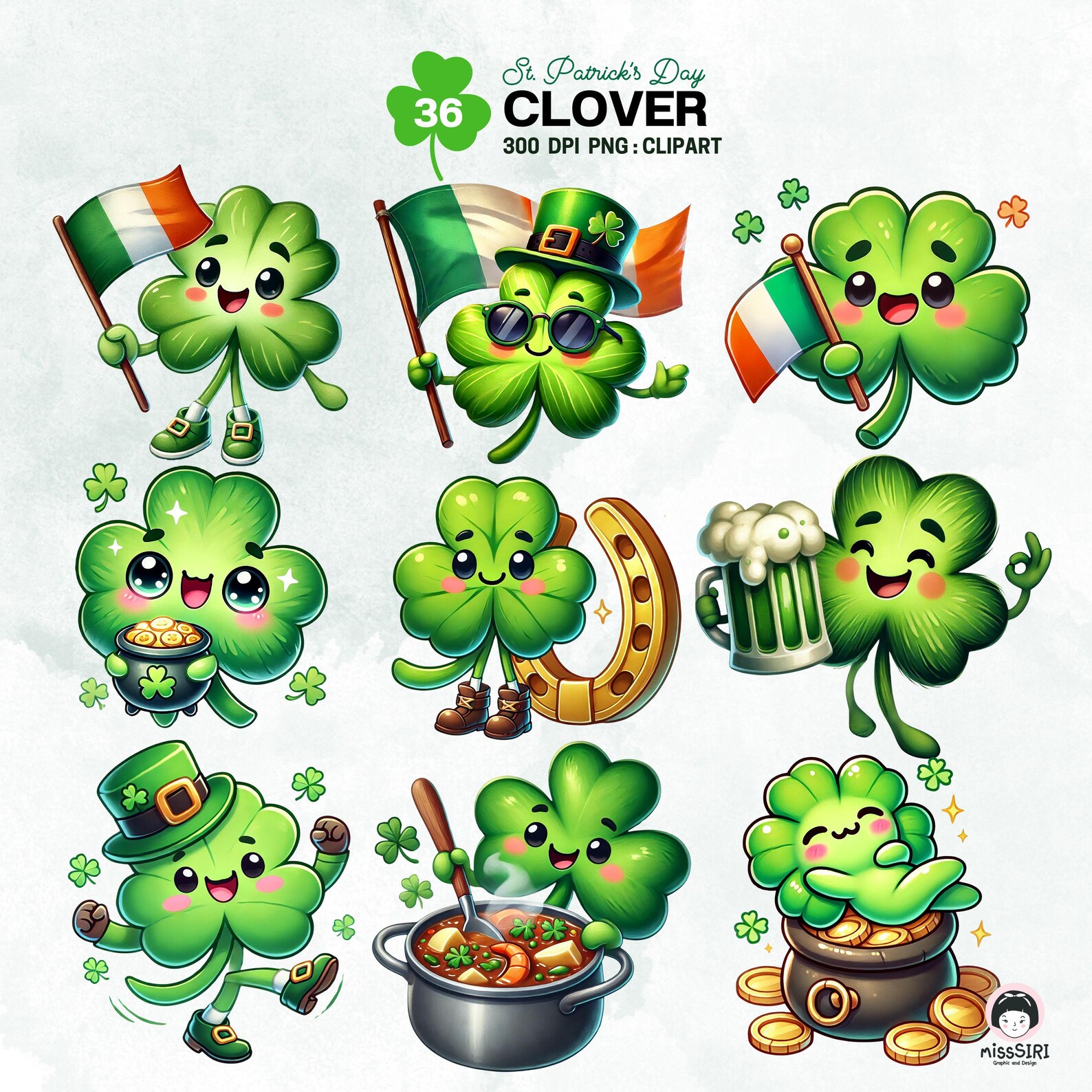 St. Patrick's Day Clover Clipart Bundle - 36 PNG Designs, Cute Shamrock ...