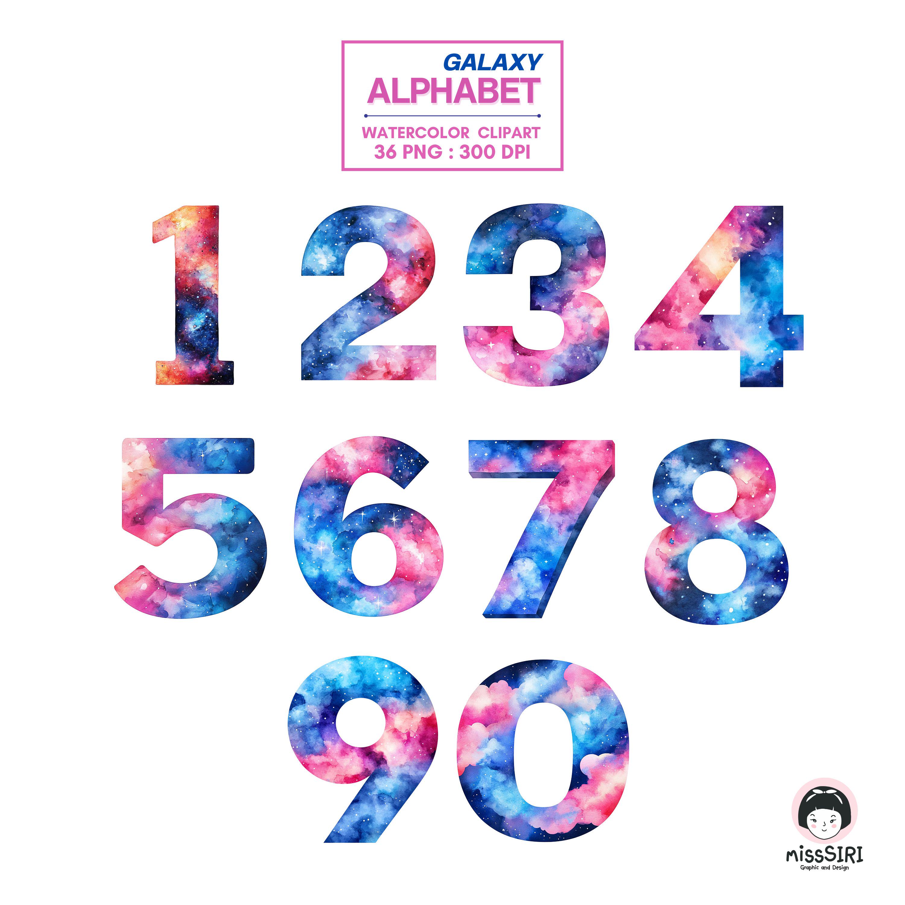 Galaxy Alphabet Watercolor Clipart, 36 PNG Letters and Numbers, Cosmic ...