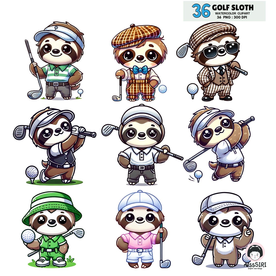 Golf Sloth Watercolor Clipart – 36 PNG Adorable Golfing Sloths, Golf ...
