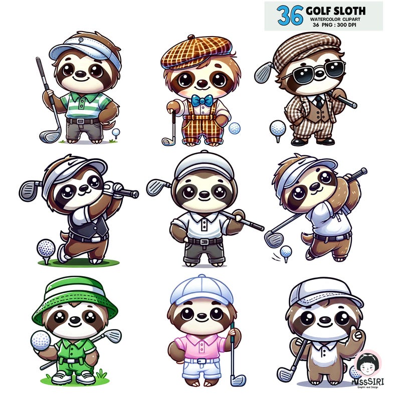 Golf Sloth Watercolor Clipart – 36 PNG Adorable Golfing Sloths, Golf ...