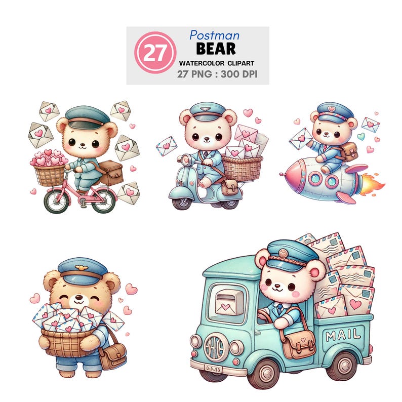 Valentine Postman Bear Clipart Set | 27 Watercolor Pngs for Love ...