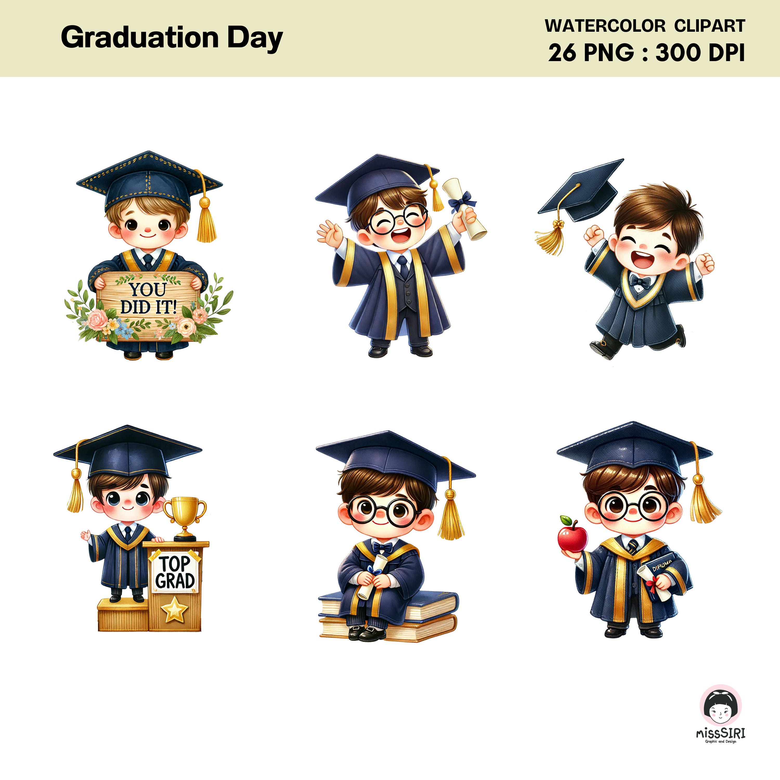 Graduation Day Clipart Bundle | 26 Watercolor Pngs of Cute Students ...
