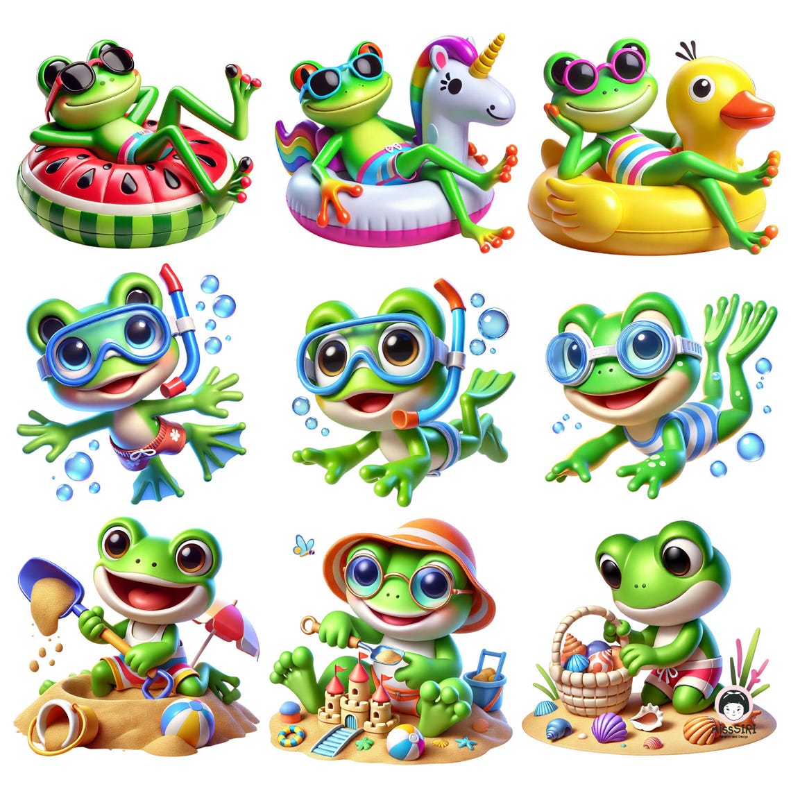 Summer Frog Watercolor Clipart Set – 42 Cute PNG Beach Frogs on ...