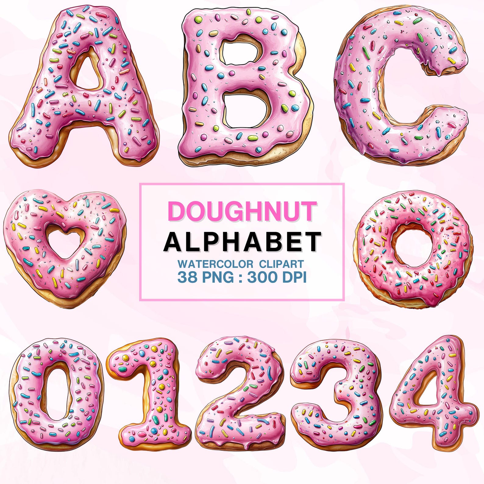 Doughnut Alphabet Watercolor Clipart – 38 PNG Sweet Pink Frosted ...