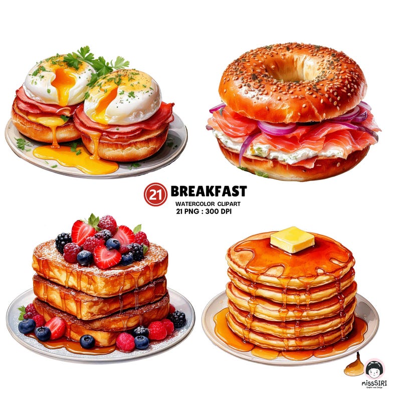Breakfast Watercolor Clipart – 21 PNG Delicious Morning Dishes With ...