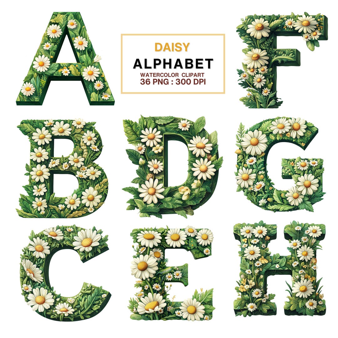Daisy Alphabet Clipart - Watercolor Floral Letters PNG Set - Etsy