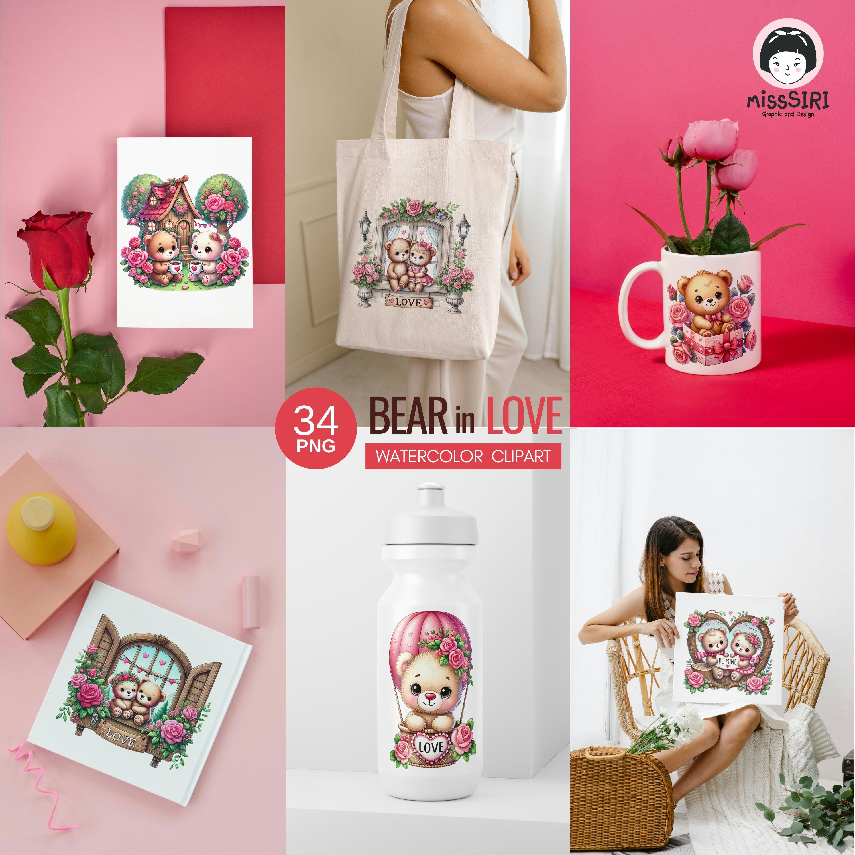 Bear in Love Watercolor Clipart Set - 34 Romantic Valentine’s Day Pngs ...