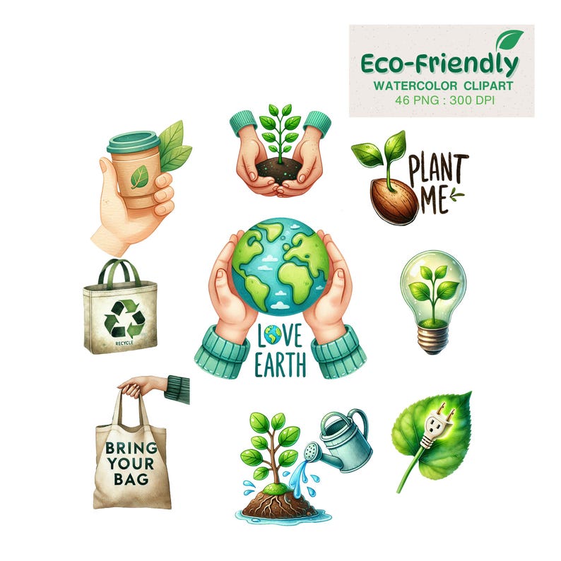 Eco-friendly Watercolor Clipart Set - 46 PNG Files, Go Green Recycling ...