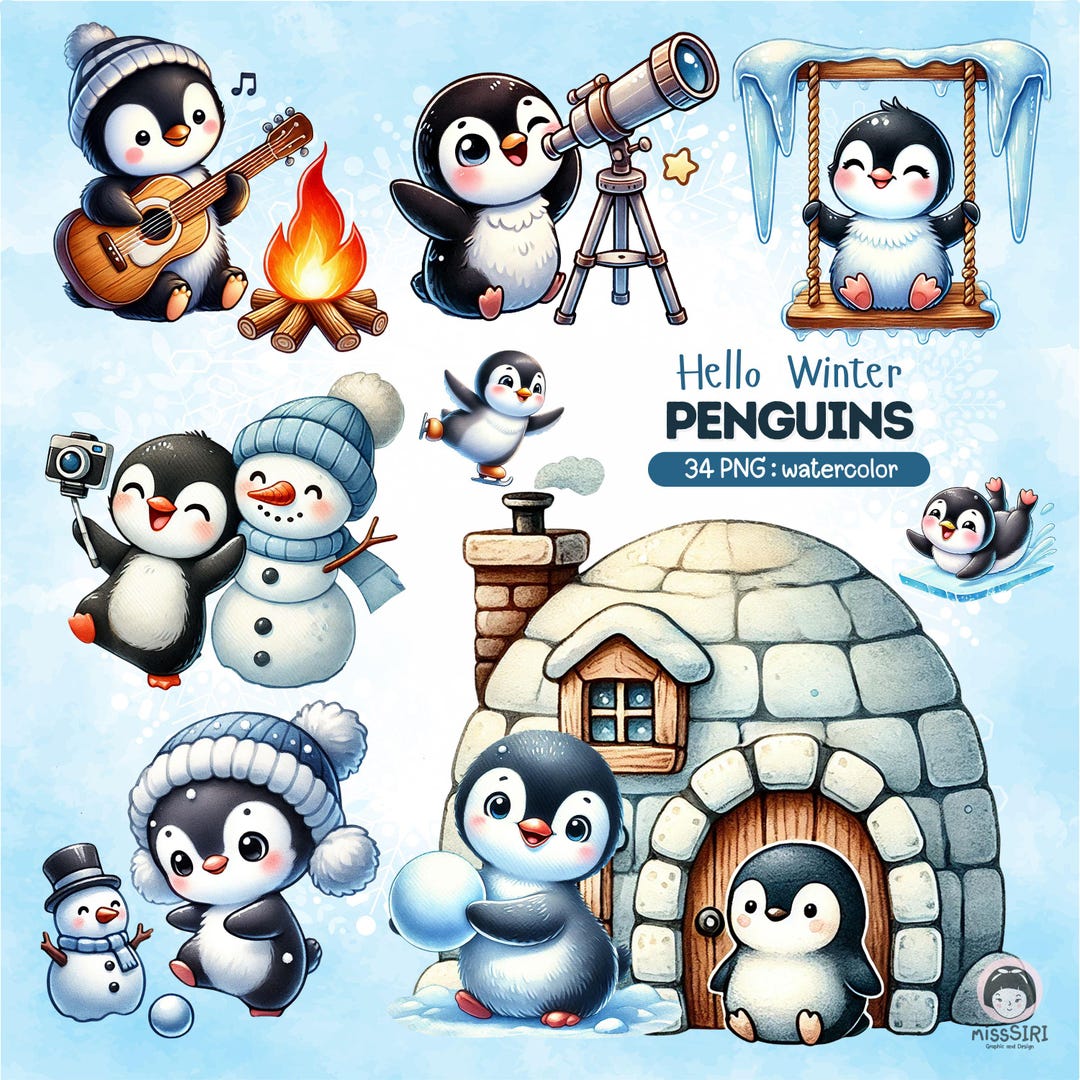 Cute Winter Penguin Watercolor Clipart Set, 34 PNG Files - Etsy