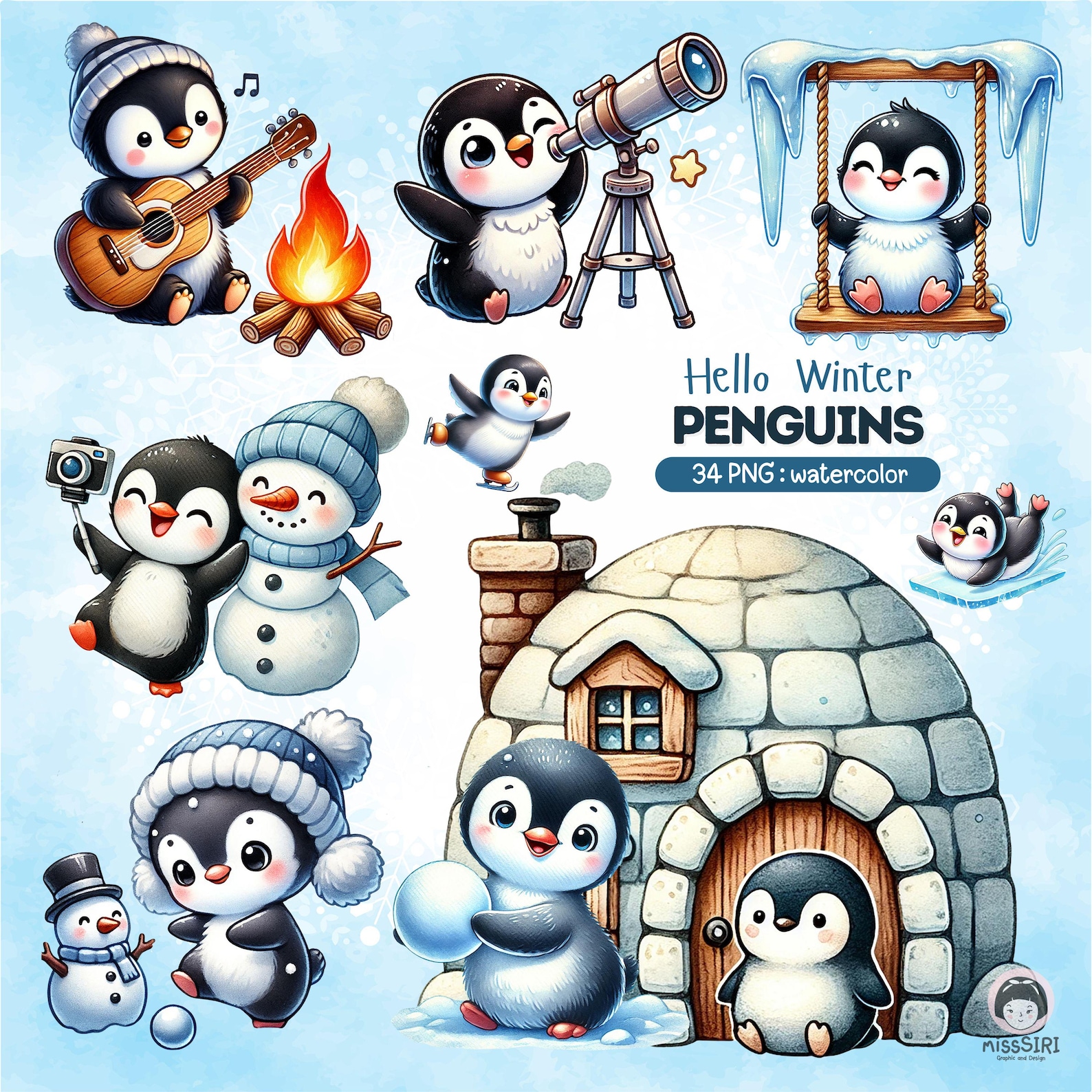 Winter Penguin Watercolor Clipart Set, 34 PNG Files - Etsy