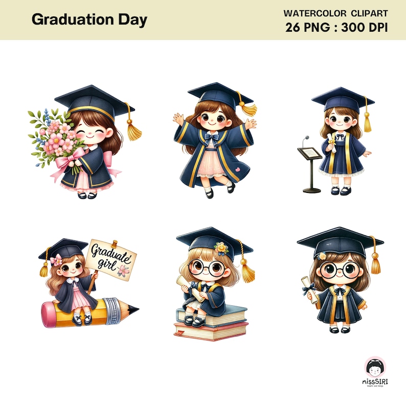 Graduation Day Clipart Bundle | 26 Watercolor Pngs of Cute Students ...