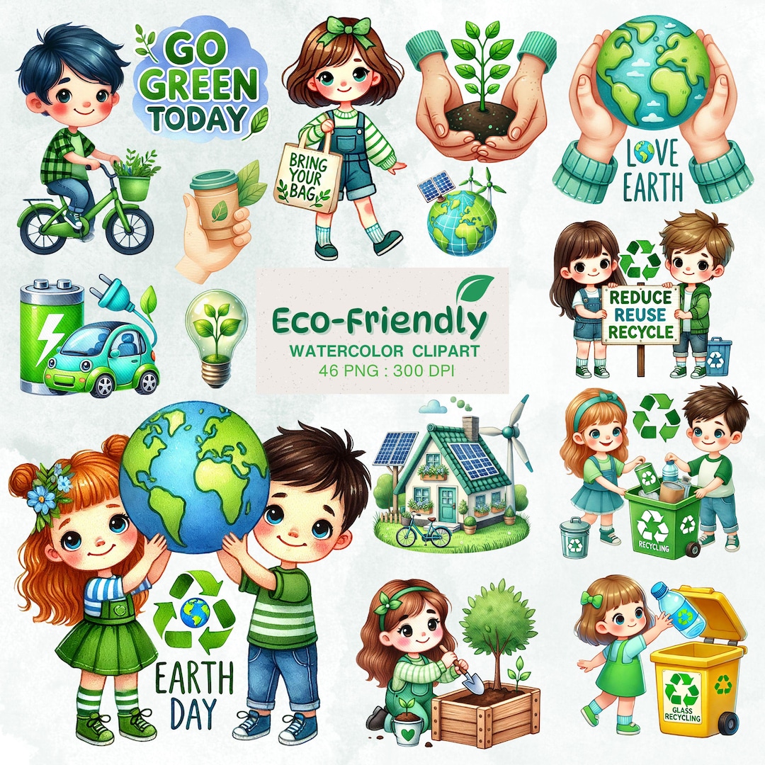 Eco-friendly Watercolor Clipart Set - 46 PNG Files, Go Green Recycling ...