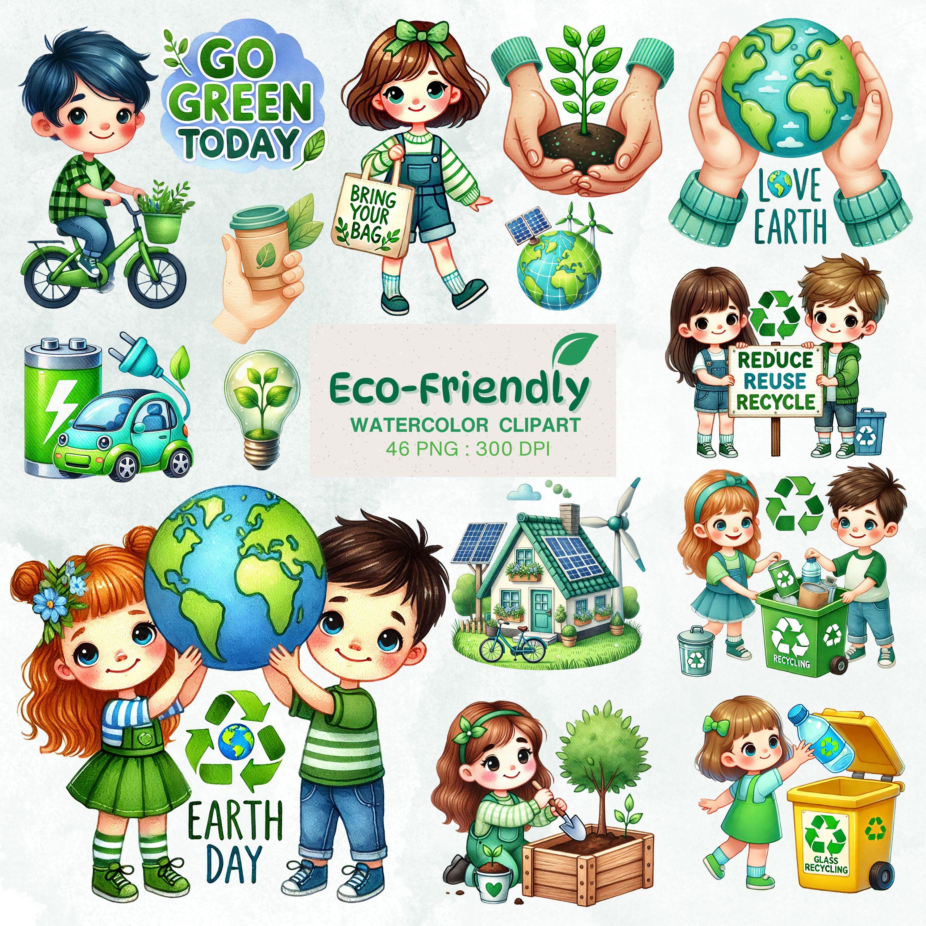 Eco-friendly Watercolor Clipart Set - 46 PNG Files, Go Green Recycling ...