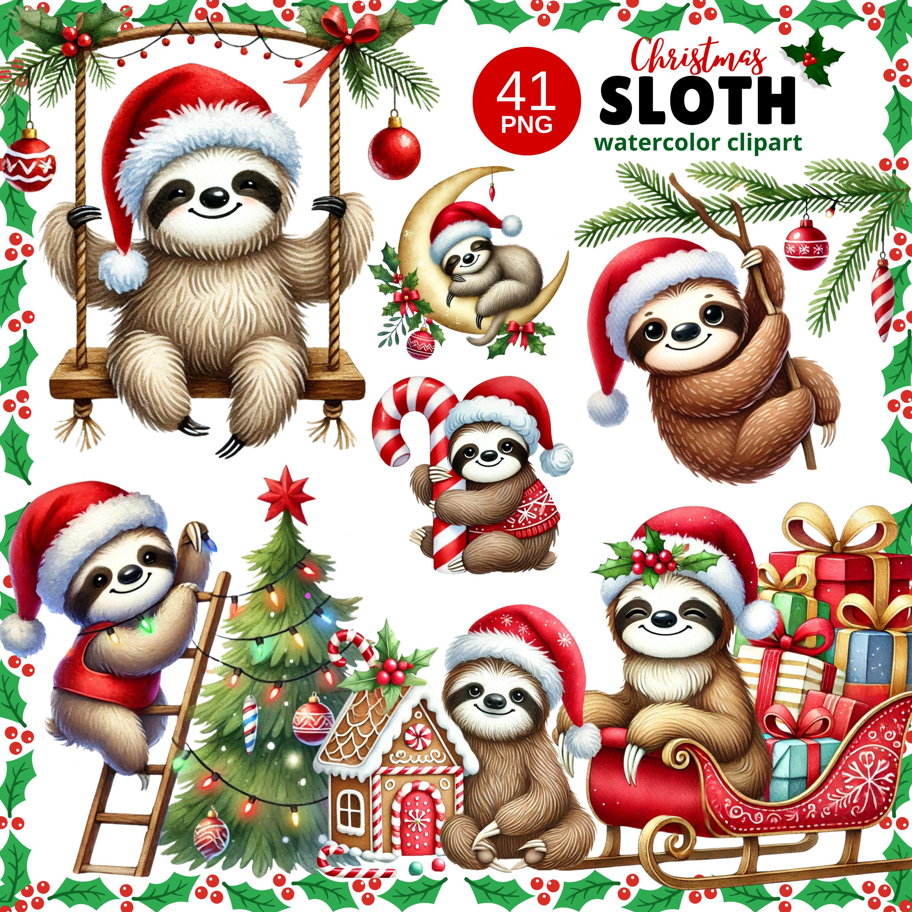 Christmas Sloth Clipart Bundle, Watercolor Sloth PNG, Cute Holiday ...