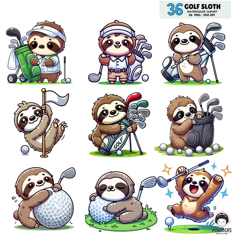 Golf Sloth Watercolor Clipart – 36 PNG Adorable Golfing Sloths, Golf ...