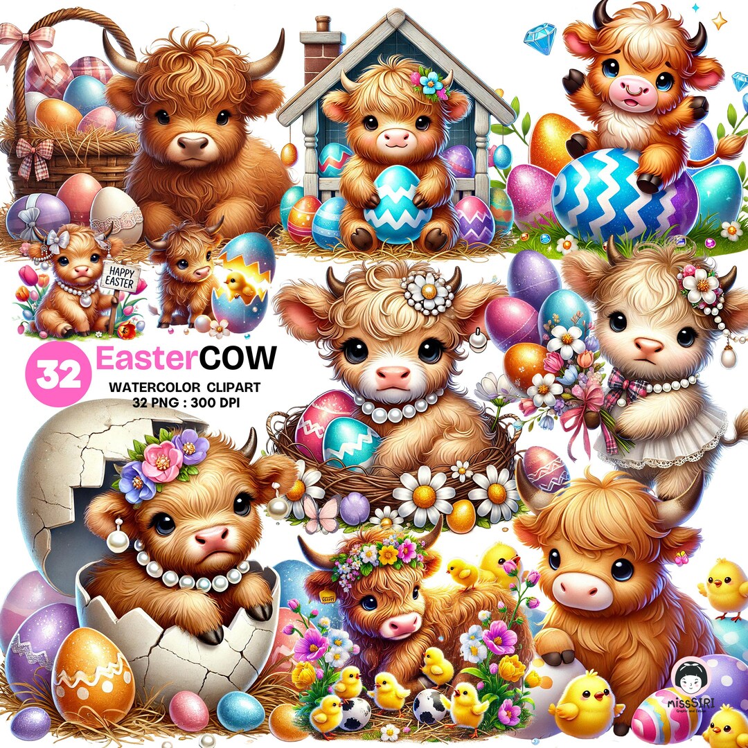 Easter Cow Watercolor Clipart – 32 PNG Adorable Highland Cows With ...