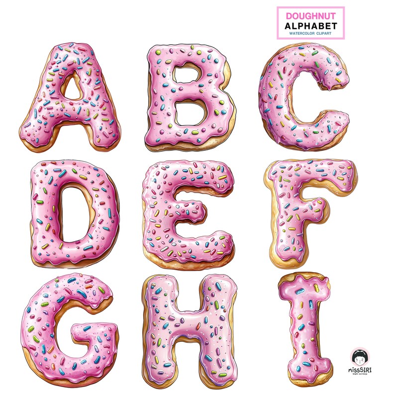 Doughnut Alphabet Watercolor Clipart – 38 PNG Sweet Pink Frosted ...