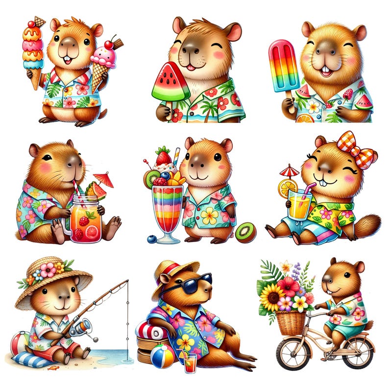 Summer Capybara Watercolor Clipart Bundle – 36 Cute Beach Vacation Pngs ...