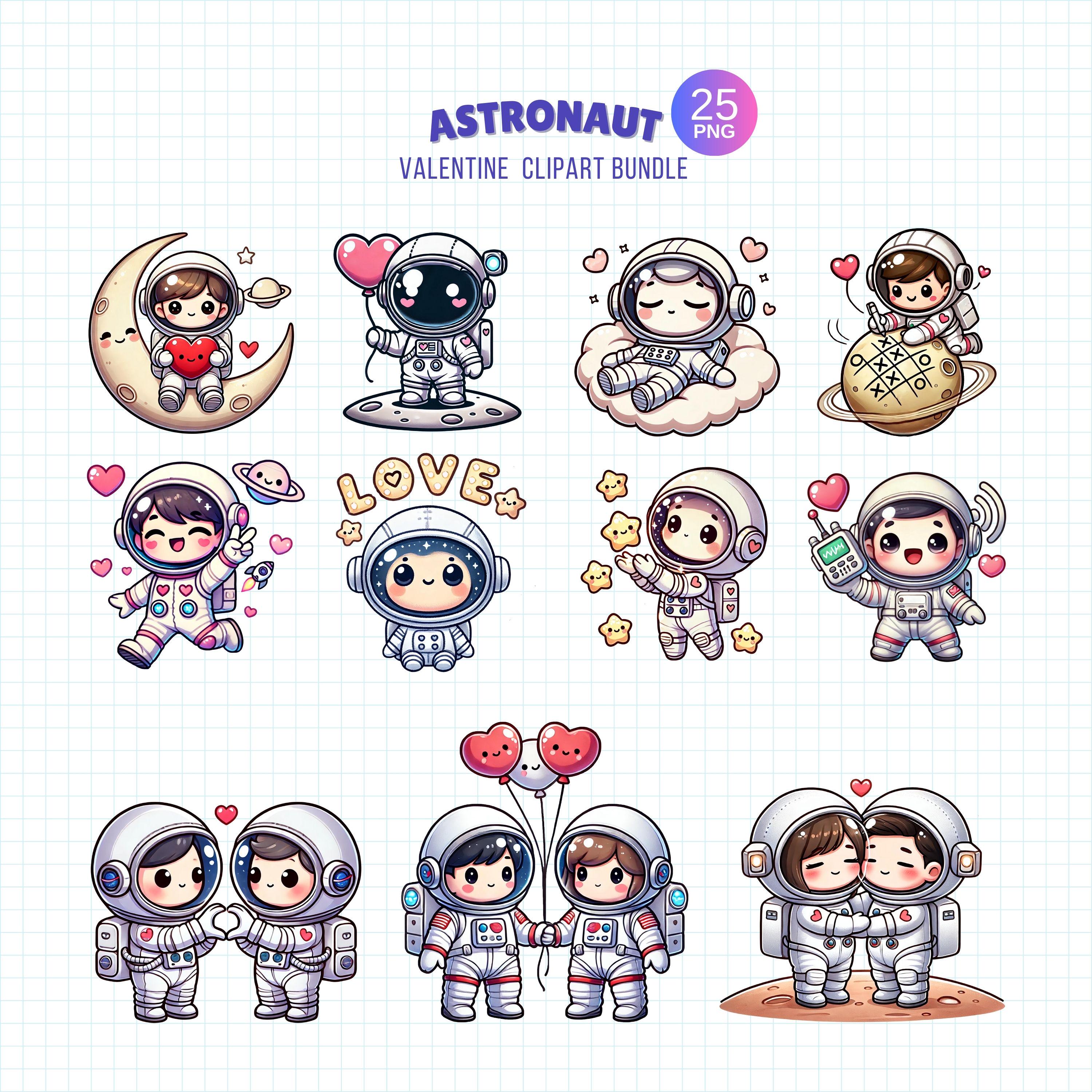 Astronaut Valentine Clipart Bundle 25 PNG Cute Space Lovers, Kawaii ...