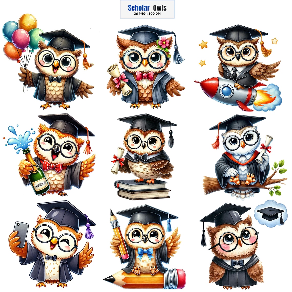 Scholar Owl Graduation Clipart Bundle – 36 Watercolor Pngs Featuring ...